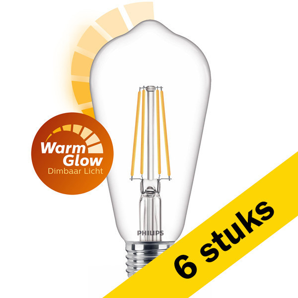Aanbieding: 6x Philips LED lamp E27 | Edison ST64 | WarmGlow | Filament | 2200-2700K | 7W (60W ...